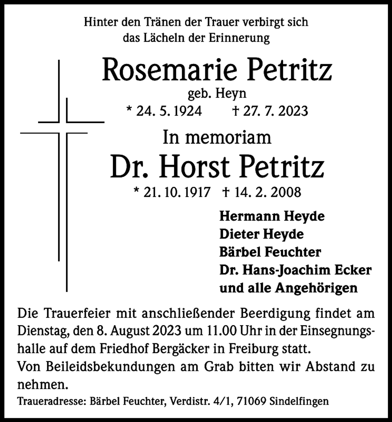 Rosemarie Petritz | Traueranzeigen, Nachrufe & Danksagungen auf BZtrauer.de