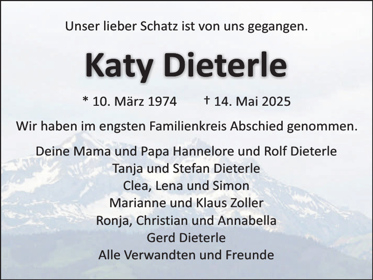 Katy Dieterle | Traueranzeigen, Nachrufe & Danksagungen auf BZtrauer.de