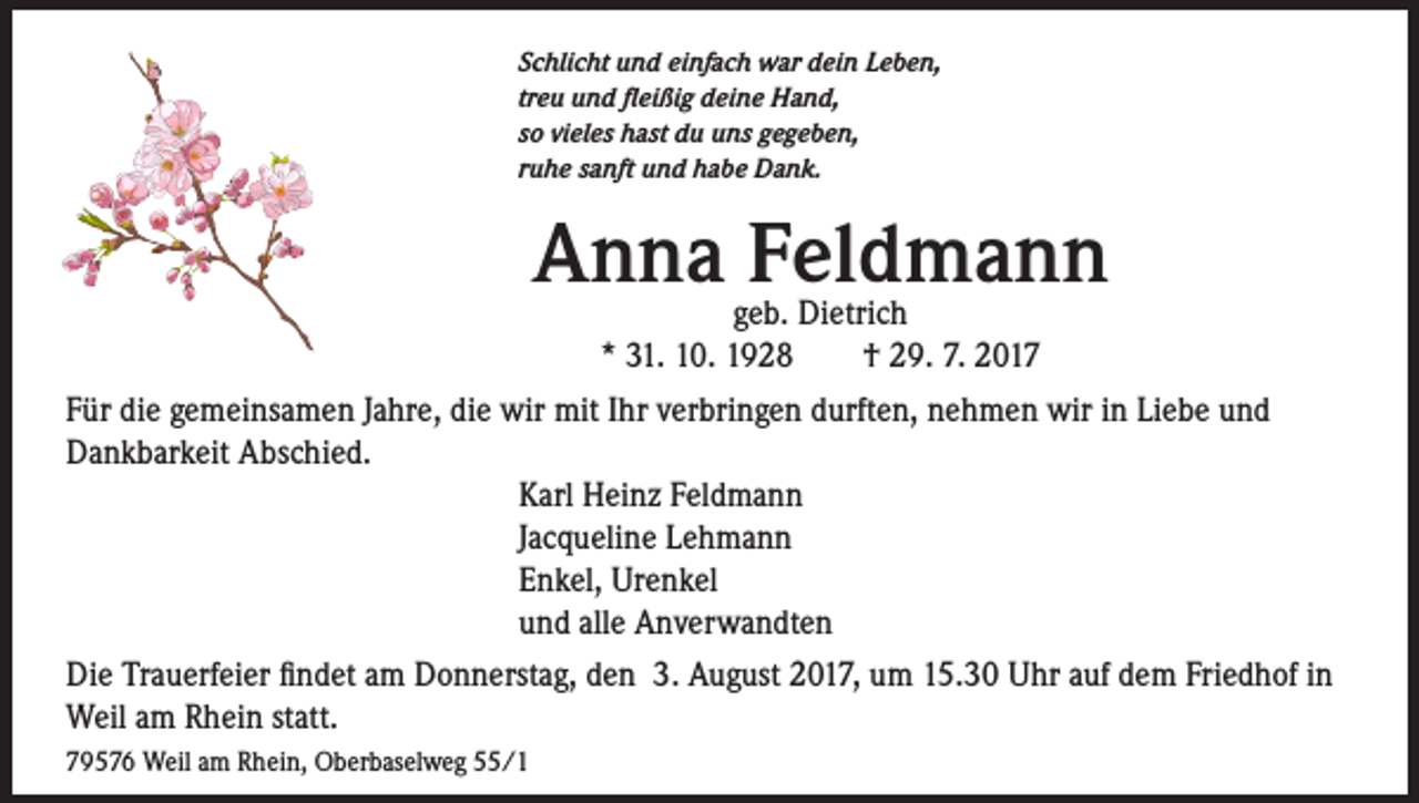 Anna Feldmann | Traueranzeigen, Nachrufe & Danksagungen auf BZtrauer.de