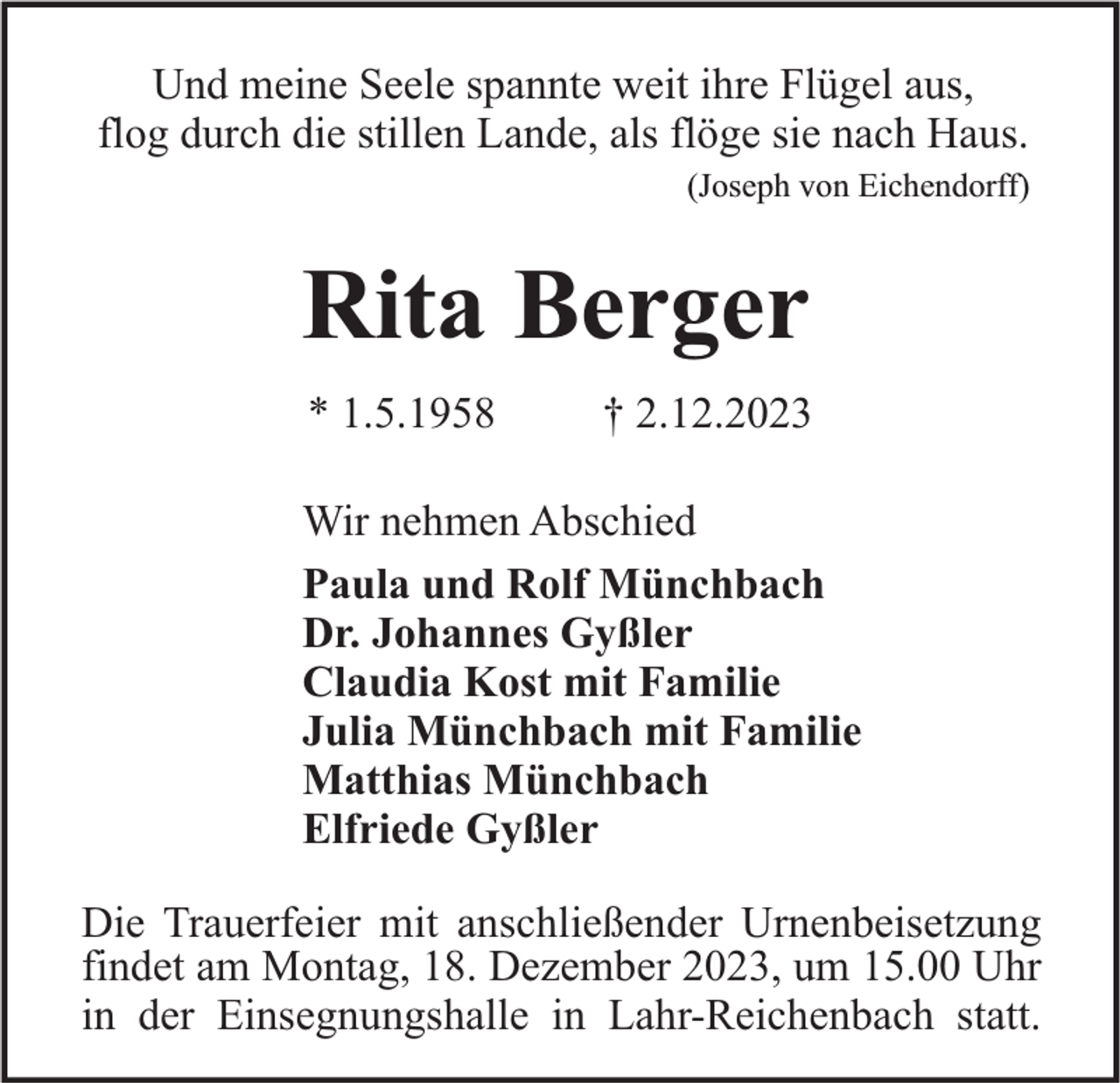 Rita Berger | Traueranzeigen, Nachrufe & Danksagungen auf BZtrauer.de