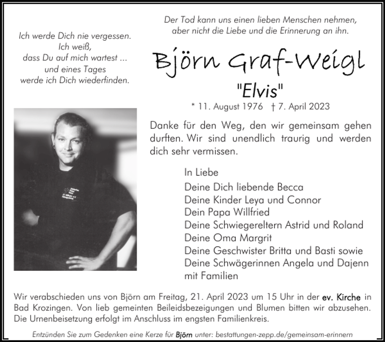 Björn Graf-Weigl | Traueranzeigen, Nachrufe & Danksagungen auf BZtrauer.de