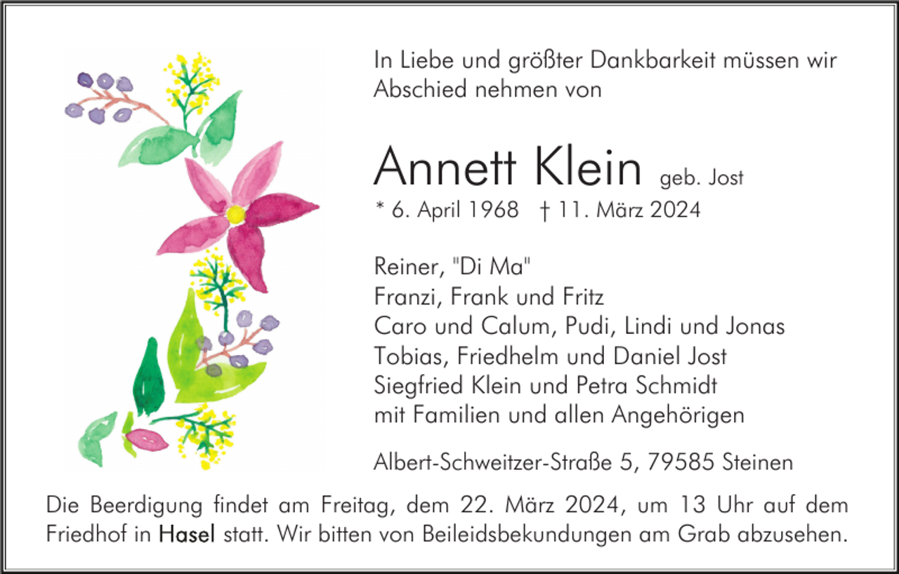 Annette Klein | Traueranzeigen, Nachrufe & Danksagungen auf BZtrauer.de