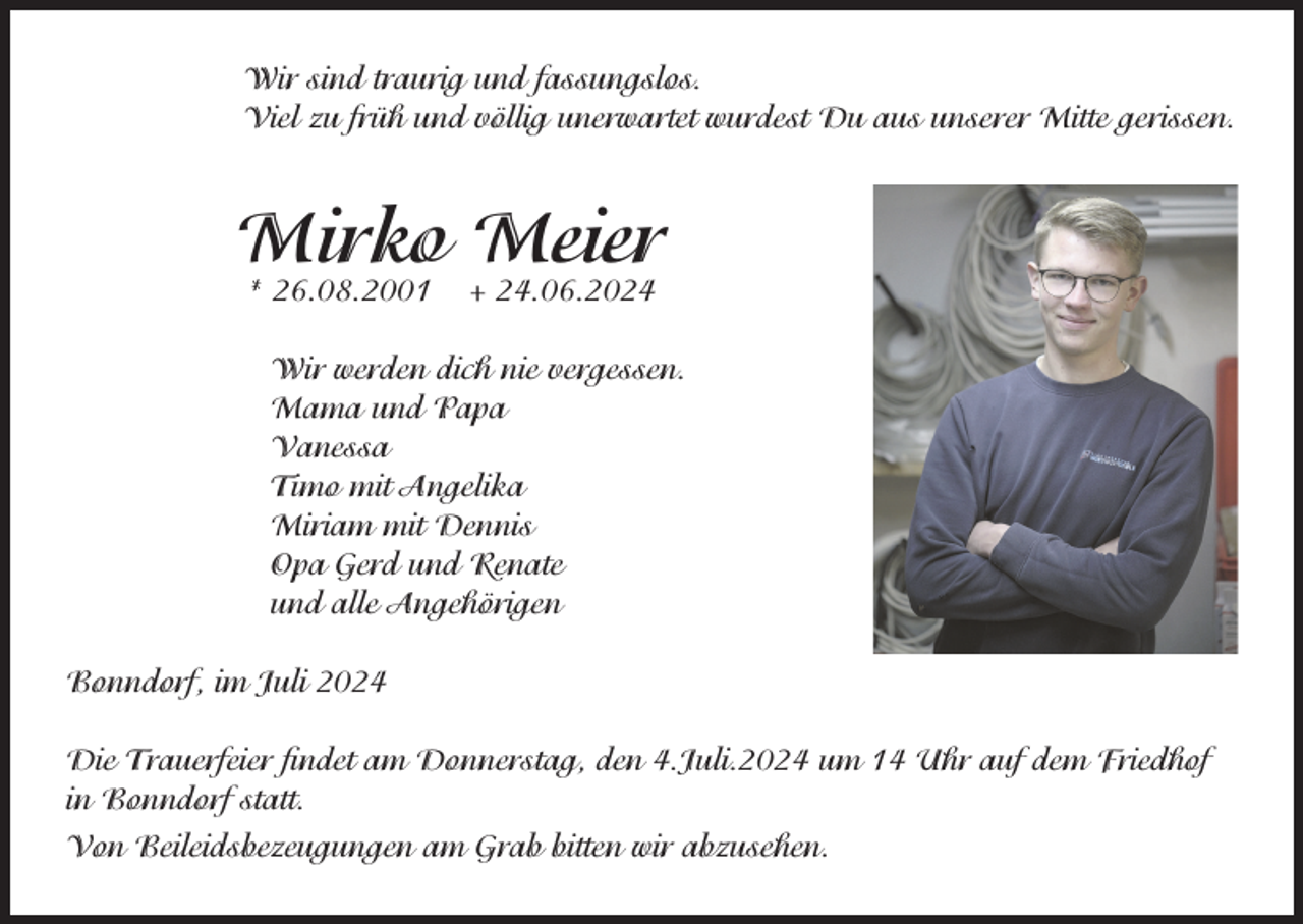 Mirko Meier | Traueranzeigen, Nachrufe & Danksagungen auf BZtrauer.de