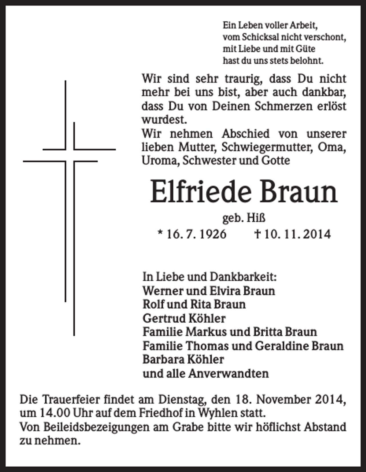 Elfriede Braun | Traueranzeigen, Nachrufe & Danksagungen auf BZtrauer.de