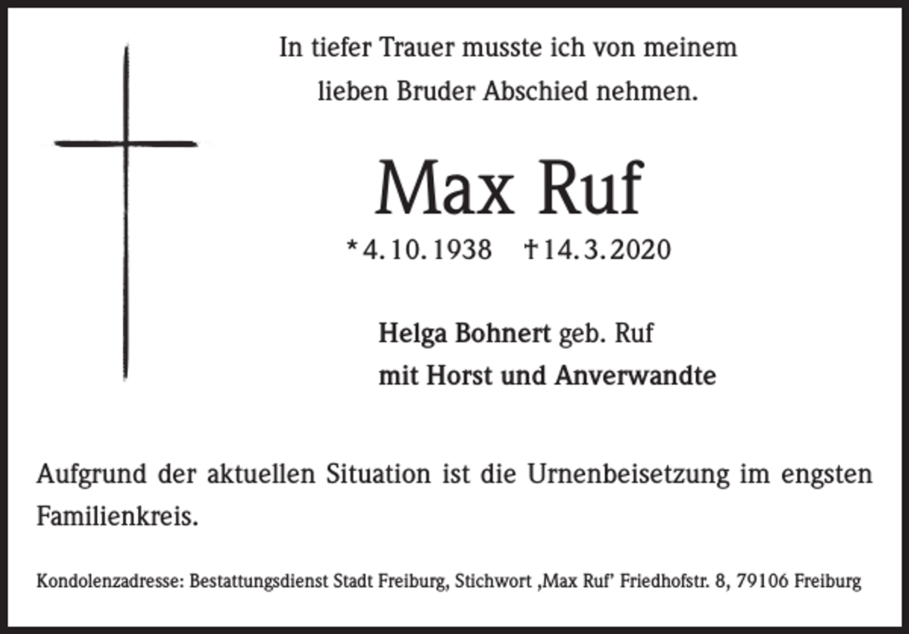 Max Ruf | Traueranzeigen, Nachrufe & Danksagungen auf BZtrauer.de