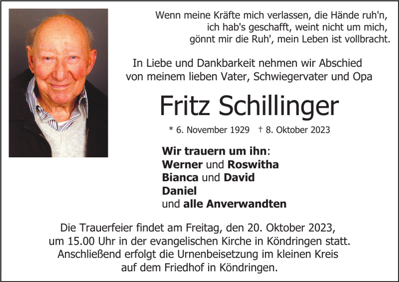 Fritz Schillinger | Traueranzeigen, Nachrufe & Danksagungen auf BZtrauer.de
