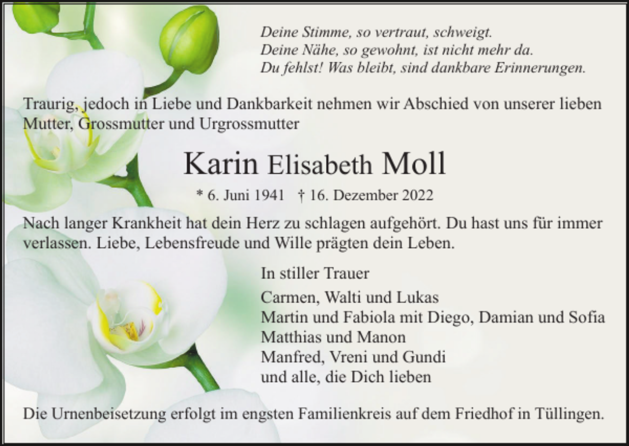Karin Moll | Traueranzeigen, Nachrufe & Danksagungen auf BZtrauer.de