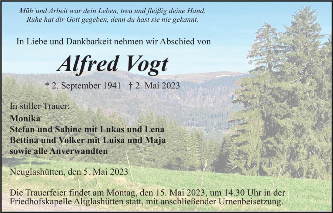 Alfred Vogt | Traueranzeigen, Nachrufe & Danksagungen auf BZtrauer.de