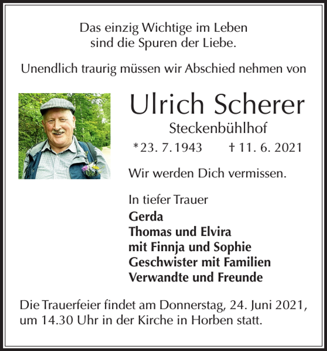 Ulrich Scherer | Traueranzeigen, Nachrufe & Danksagungen auf BZtrauer.de