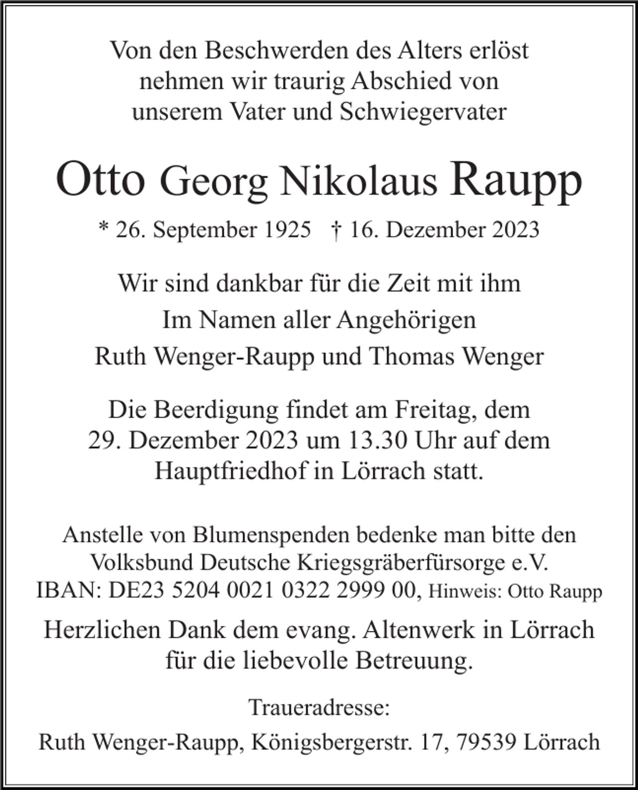 Otto Raupp | Traueranzeigen, Nachrufe & Danksagungen auf BZtrauer.de
