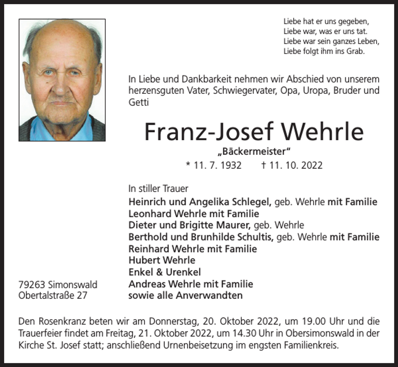 Franz-Josef Wehrle | Traueranzeigen, Nachrufe & Danksagungen auf ...