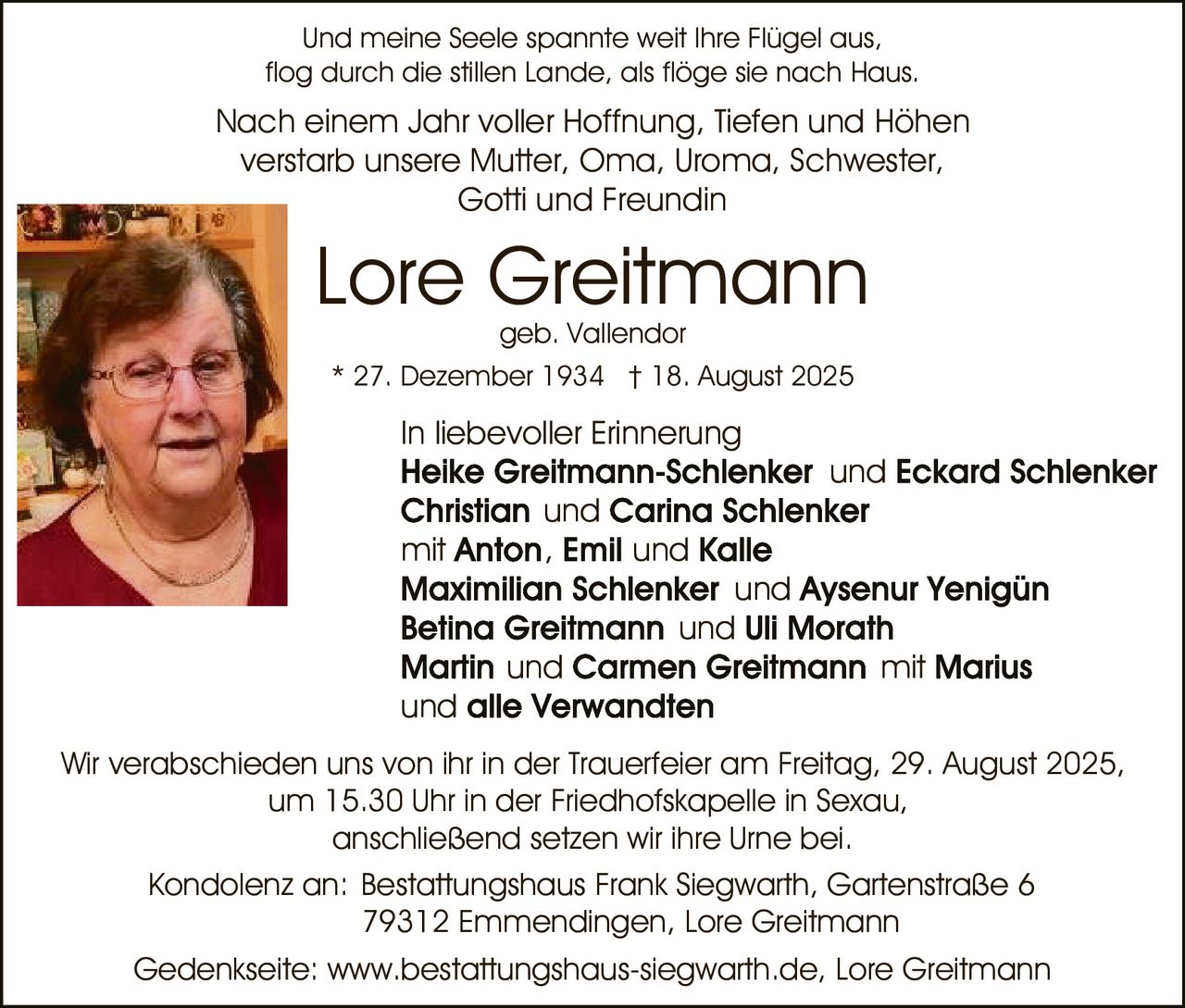 Lore Greitmann | Traueranzeigen, Nachrufe & Danksagungen auf BZtrauer.de