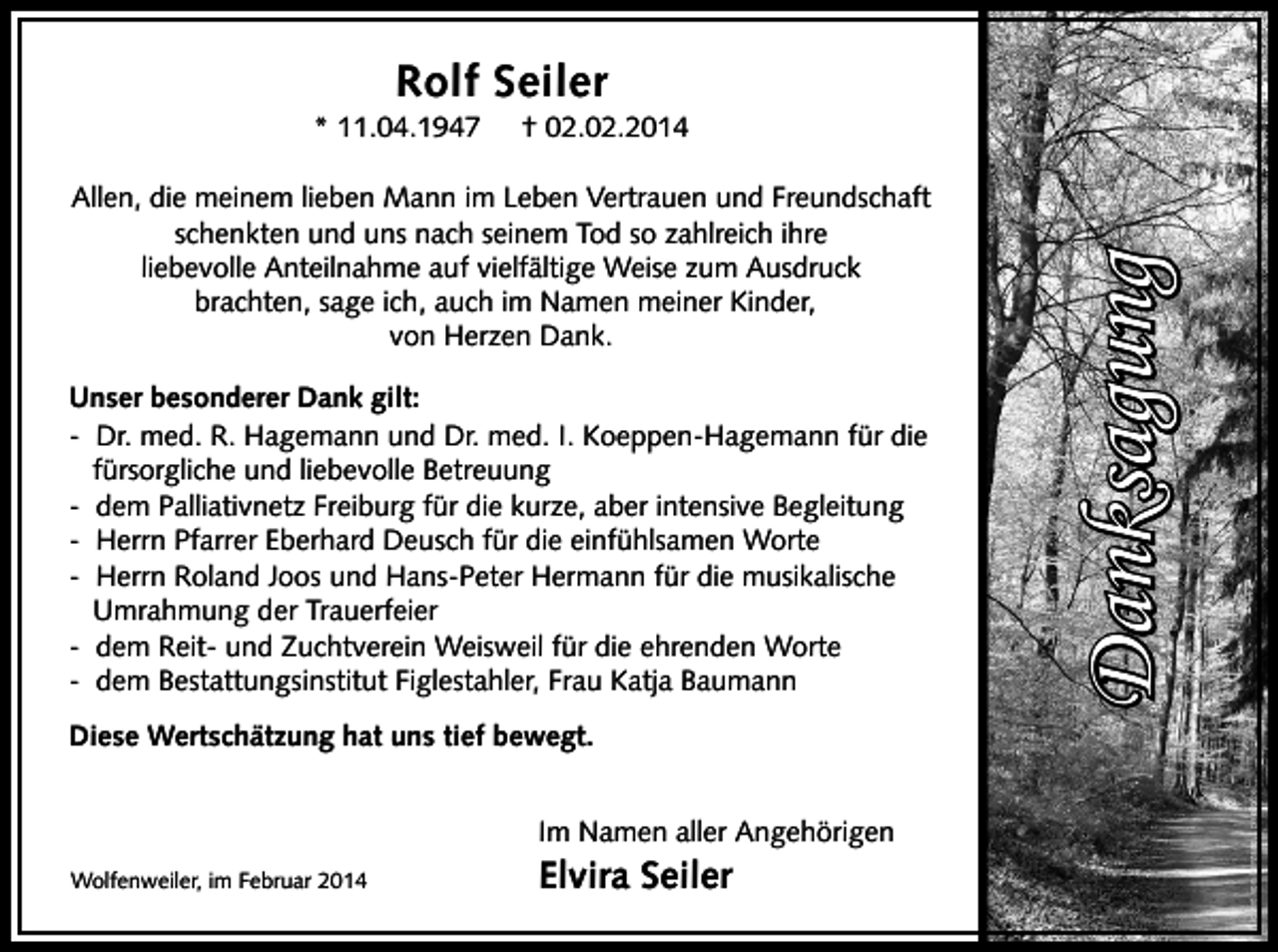 Rolf Seiler | Traueranzeigen, Nachrufe & Danksagungen auf BZtrauer.de
