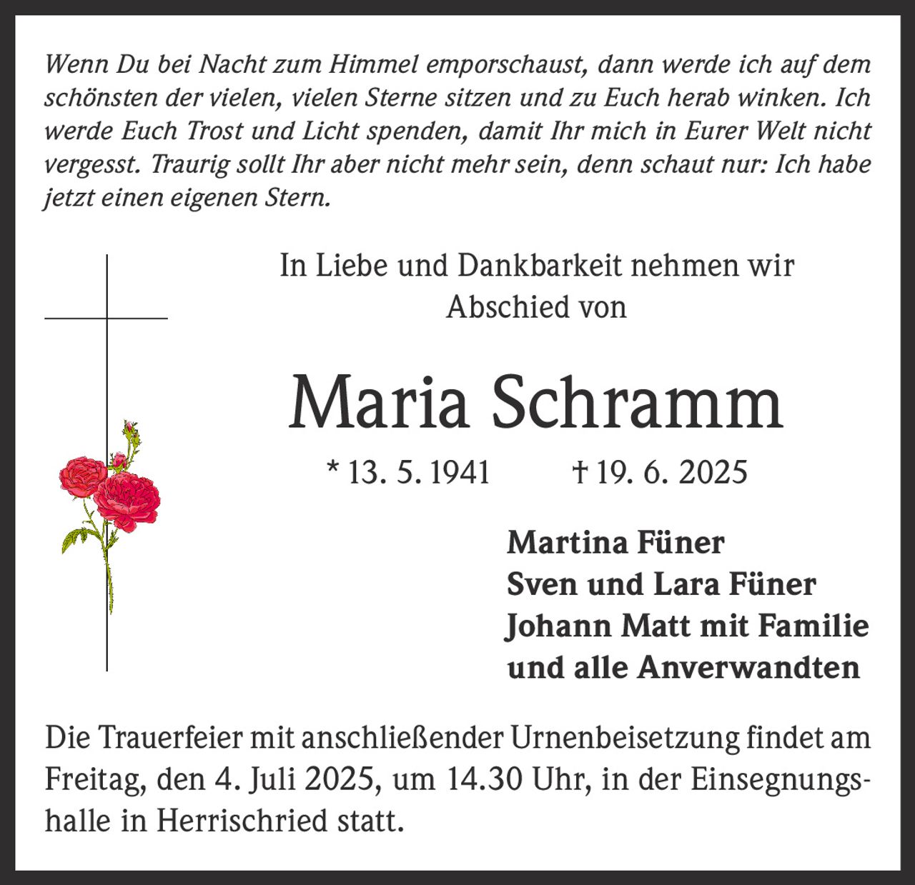 Maria Schramm | Traueranzeigen, Nachrufe & Danksagungen auf BZtrauer.de