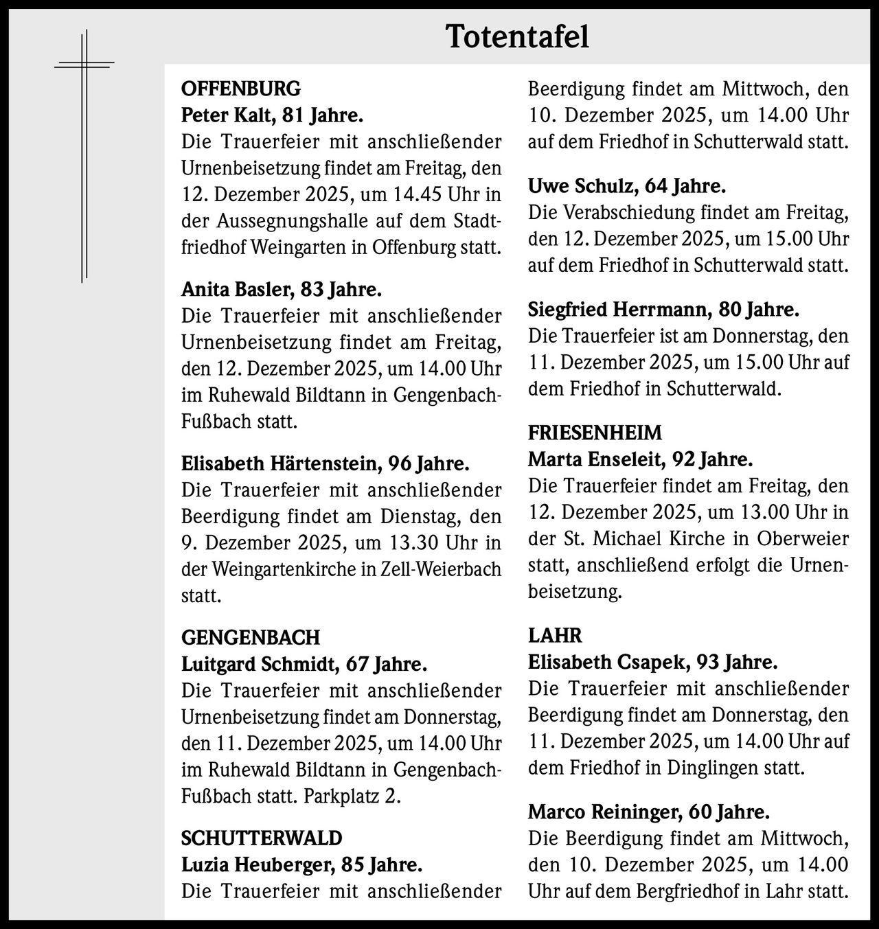 Totentafel | Traueranzeigen, Nachrufe & Danksagungen auf BZtrauer.de
