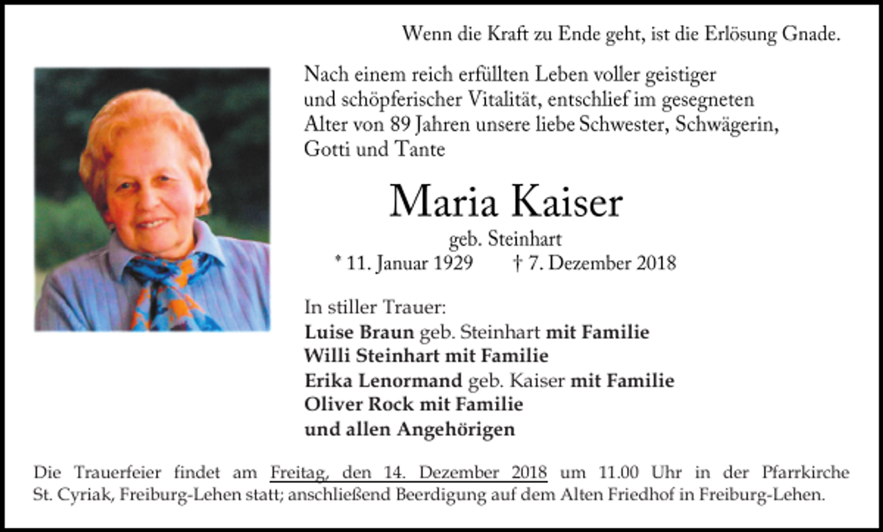 Maria Kaiser | Traueranzeigen, Nachrufe & Danksagungen auf BZtrauer.de