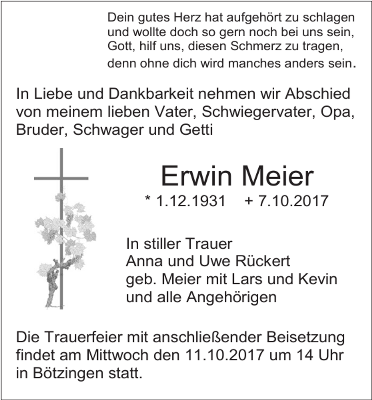 Erwin Meier | Traueranzeigen, Nachrufe & Danksagungen auf BZtrauer.de