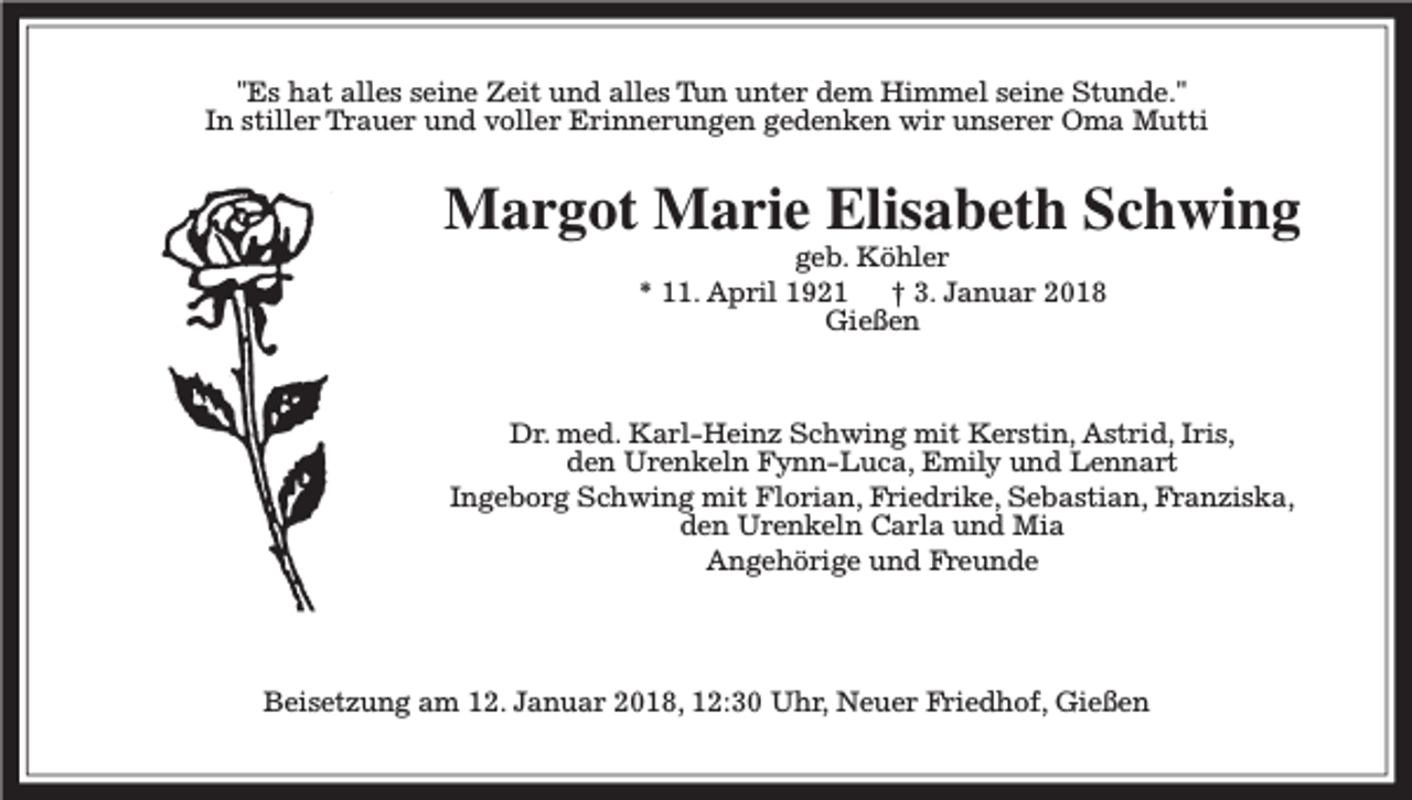 Margot Marie Elisabeth Schwing | Traueranzeigen, Nachrufe ...