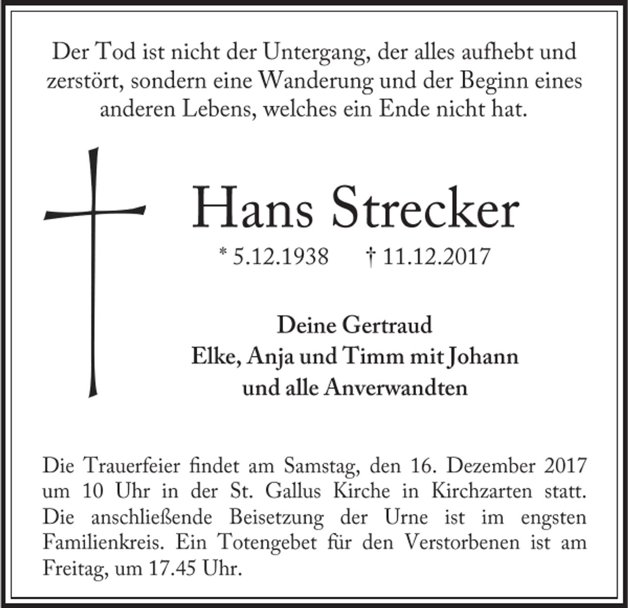 Hans Strecker | Traueranzeigen, Nachrufe & Danksagungen auf BZtrauer.de