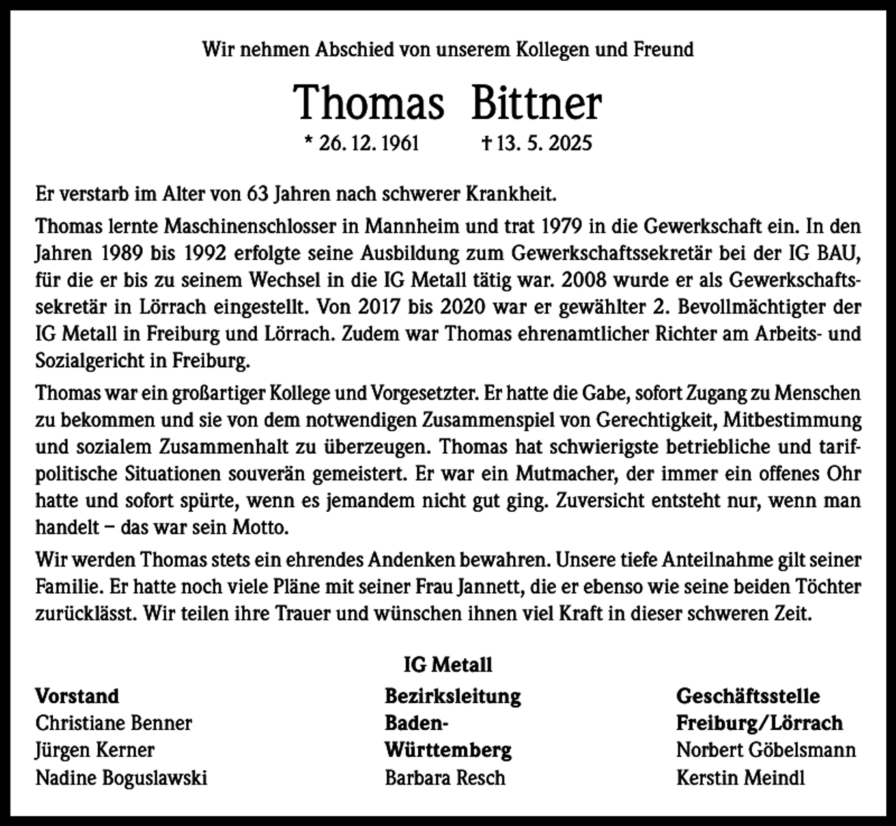 Thomas Bittner | Traueranzeigen, Nachrufe & Danksagungen auf BZtrauer.de