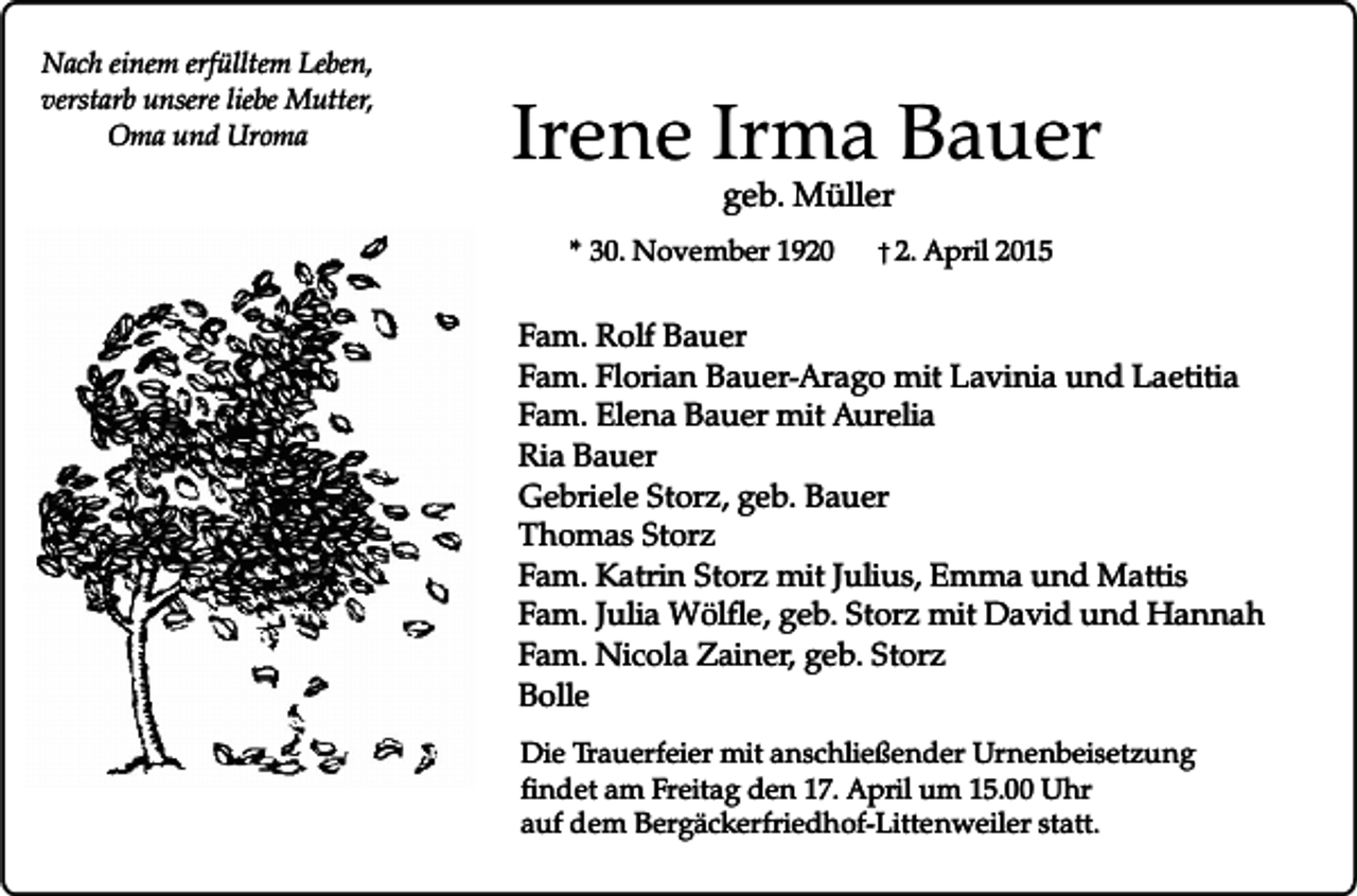 Irene Irma Bauer | Traueranzeigen, Nachrufe & Danksagungen auf BZtrauer.de