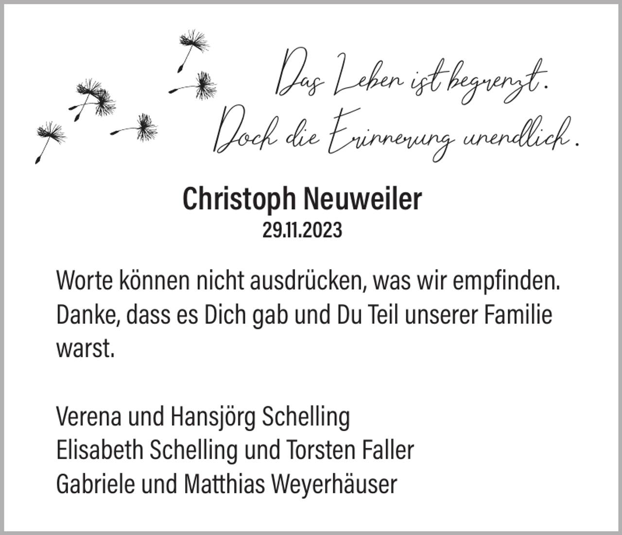 Christoph Neuweiler | Traueranzeigen, Nachrufe & Danksagungen auf ...