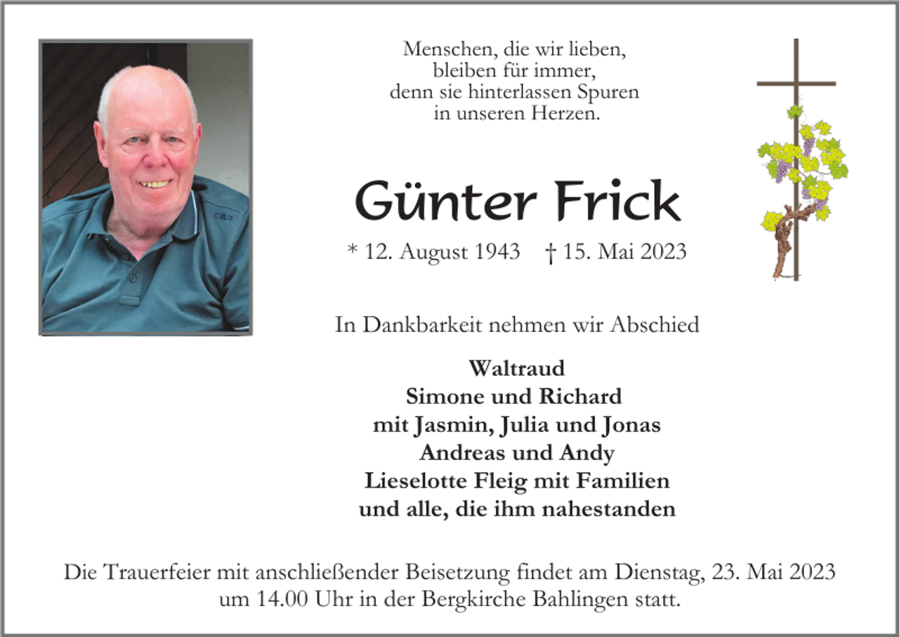 Günter Frick | Traueranzeigen, Nachrufe & Danksagungen auf BZtrauer.de