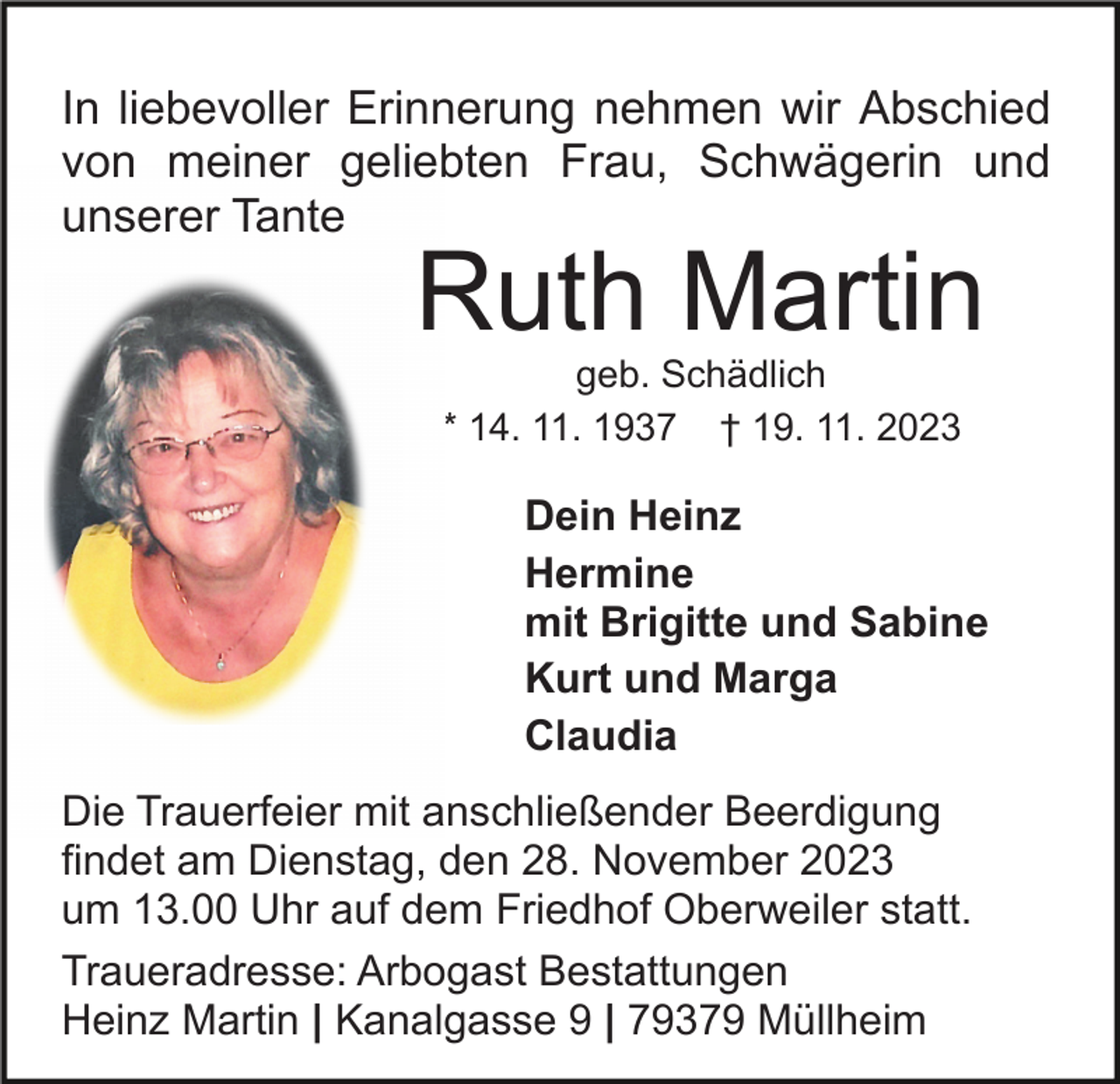 Ruth Martin | Traueranzeigen, Nachrufe & Danksagungen auf BZtrauer.de