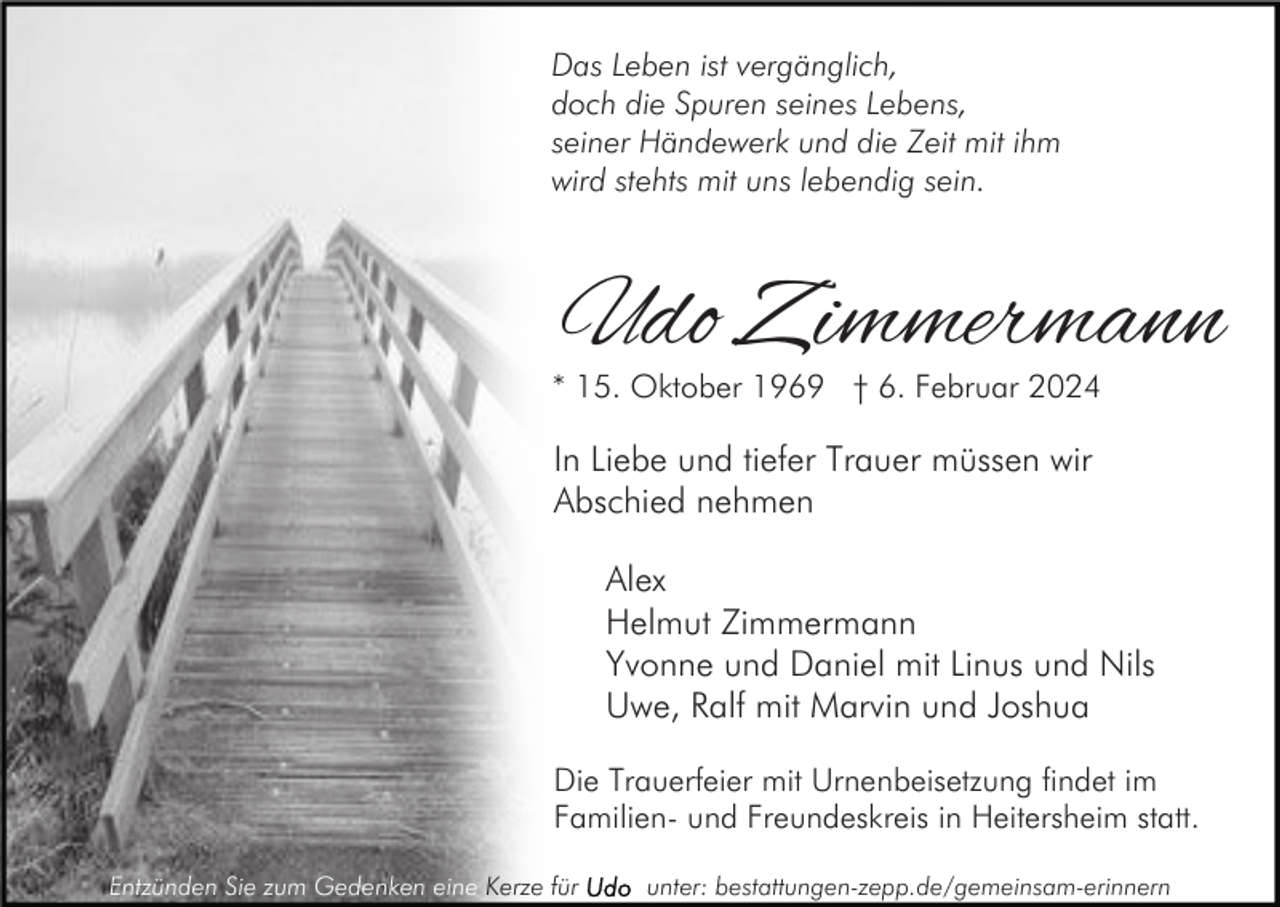 Udo Zimmermann | Traueranzeigen, Nachrufe & Danksagungen auf BZtrauer.de