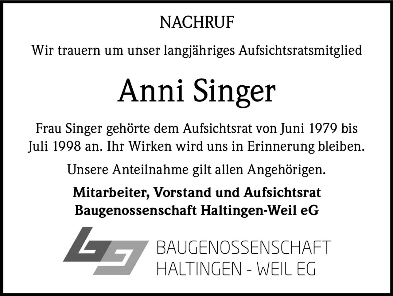 Anni Singer | Traueranzeigen, Nachrufe & Danksagungen auf BZtrauer.de