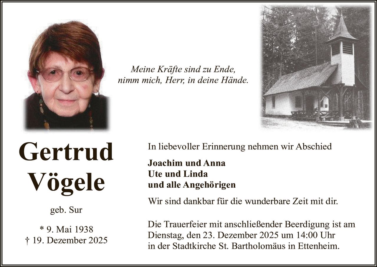 Gertrud Vögele | Traueranzeigen, Nachrufe & Danksagungen auf BZtrauer.de