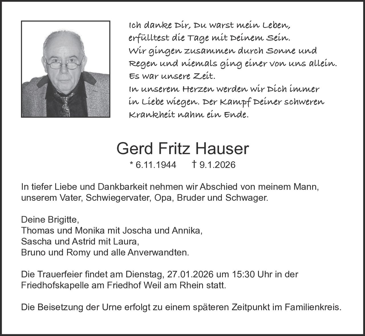 Gerd Fritz Hauser | Traueranzeigen, Nachrufe & Danksagungen auf BZtrauer.de