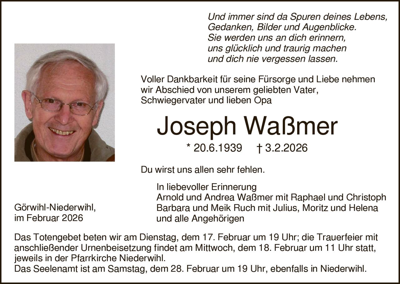 Joseph Waßmer | Traueranzeigen, Nachrufe & Danksagungen auf BZtrauer.de