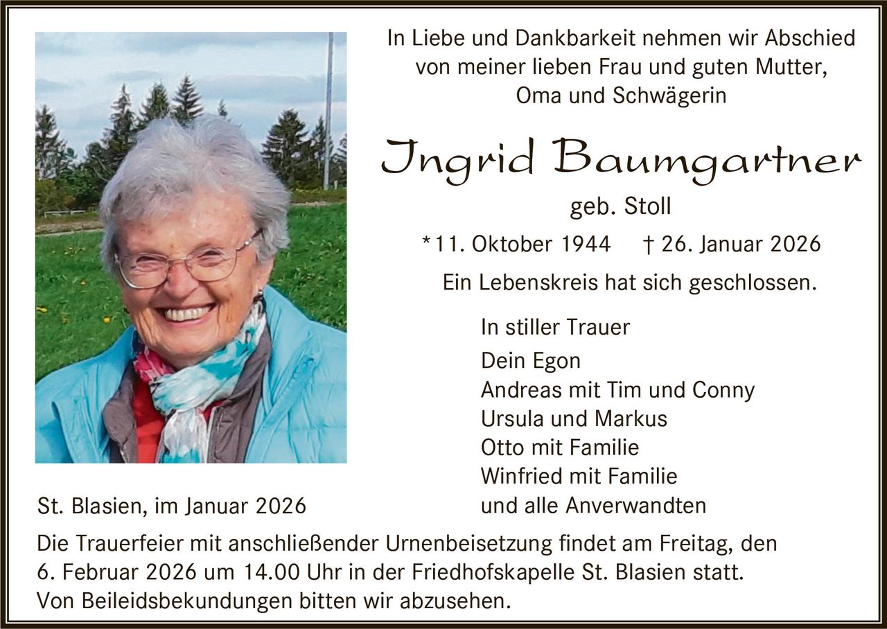 Ingrid Baumgartner | Traueranzeigen, Nachrufe & Danksagungen auf ...
