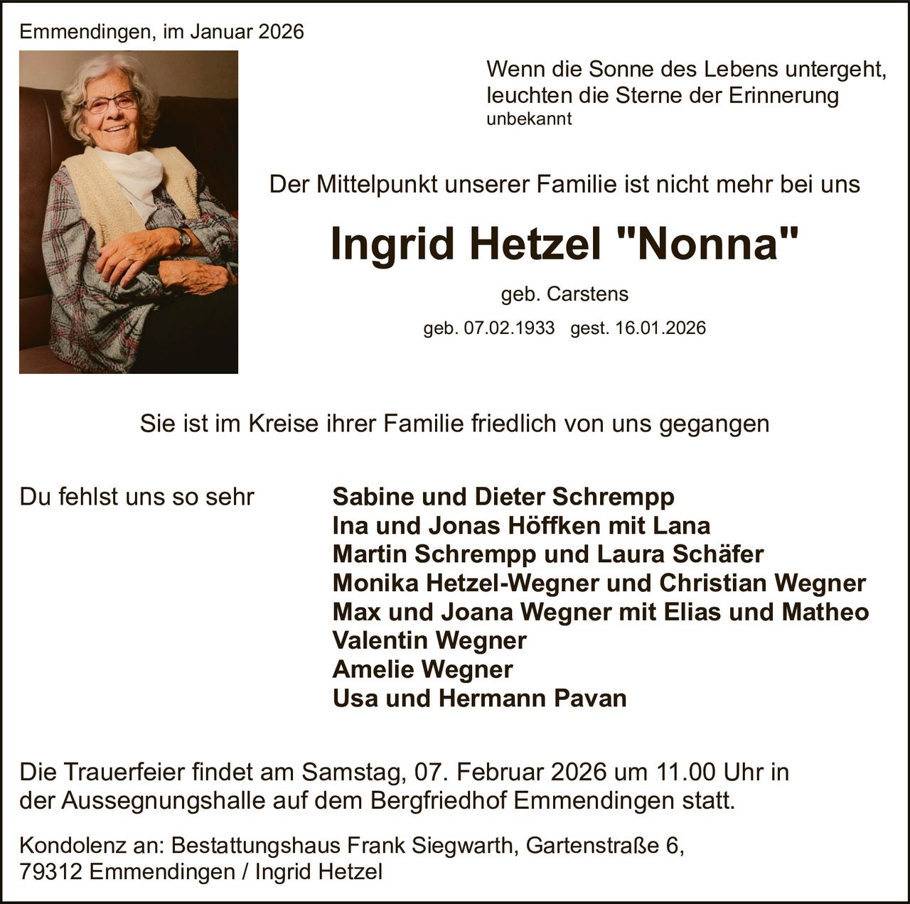 Ingrid Hetzel | Traueranzeigen, Nachrufe & Danksagungen auf BZtrauer.de