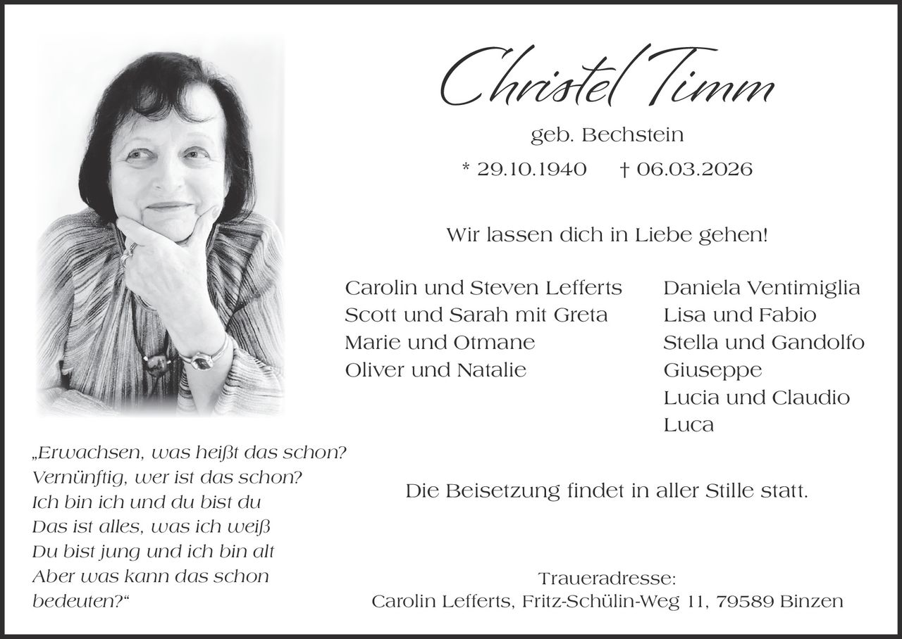 Christel Timm | Traueranzeigen, Nachrufe & Danksagungen auf BZtrauer.de