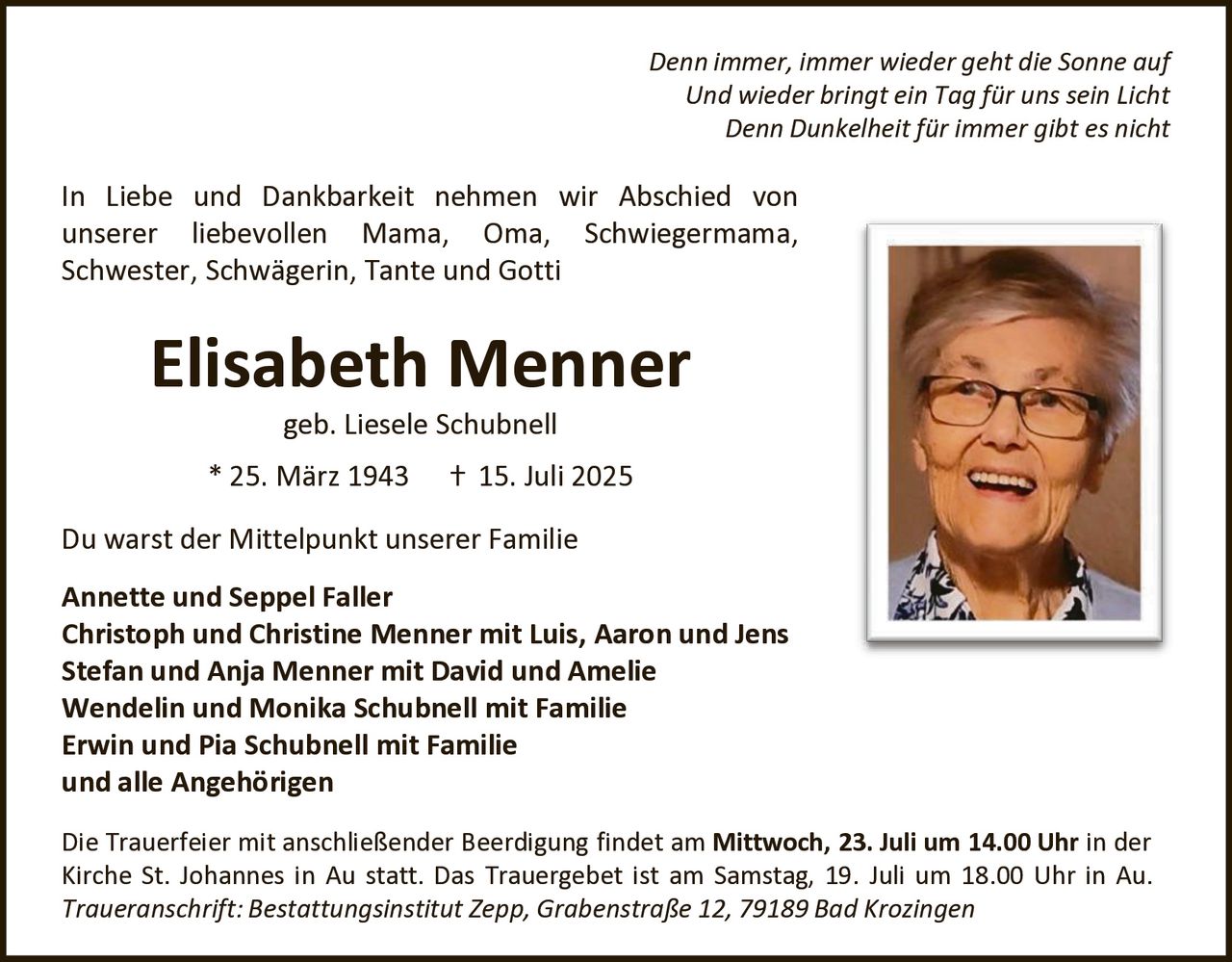 Elisabeth Menner | Traueranzeigen, Nachrufe & Danksagungen auf BZtrauer.de