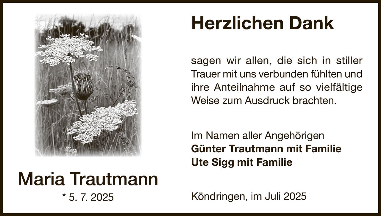 Maria Trautmann | Traueranzeigen, Nachrufe & Danksagungen auf BZtrauer.de