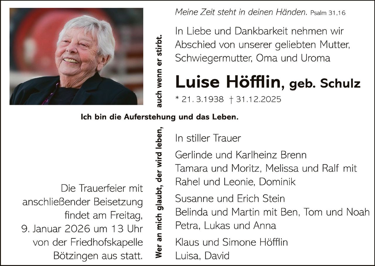 Luise Höfflin | Traueranzeigen, Nachrufe & Danksagungen auf BZtrauer.de