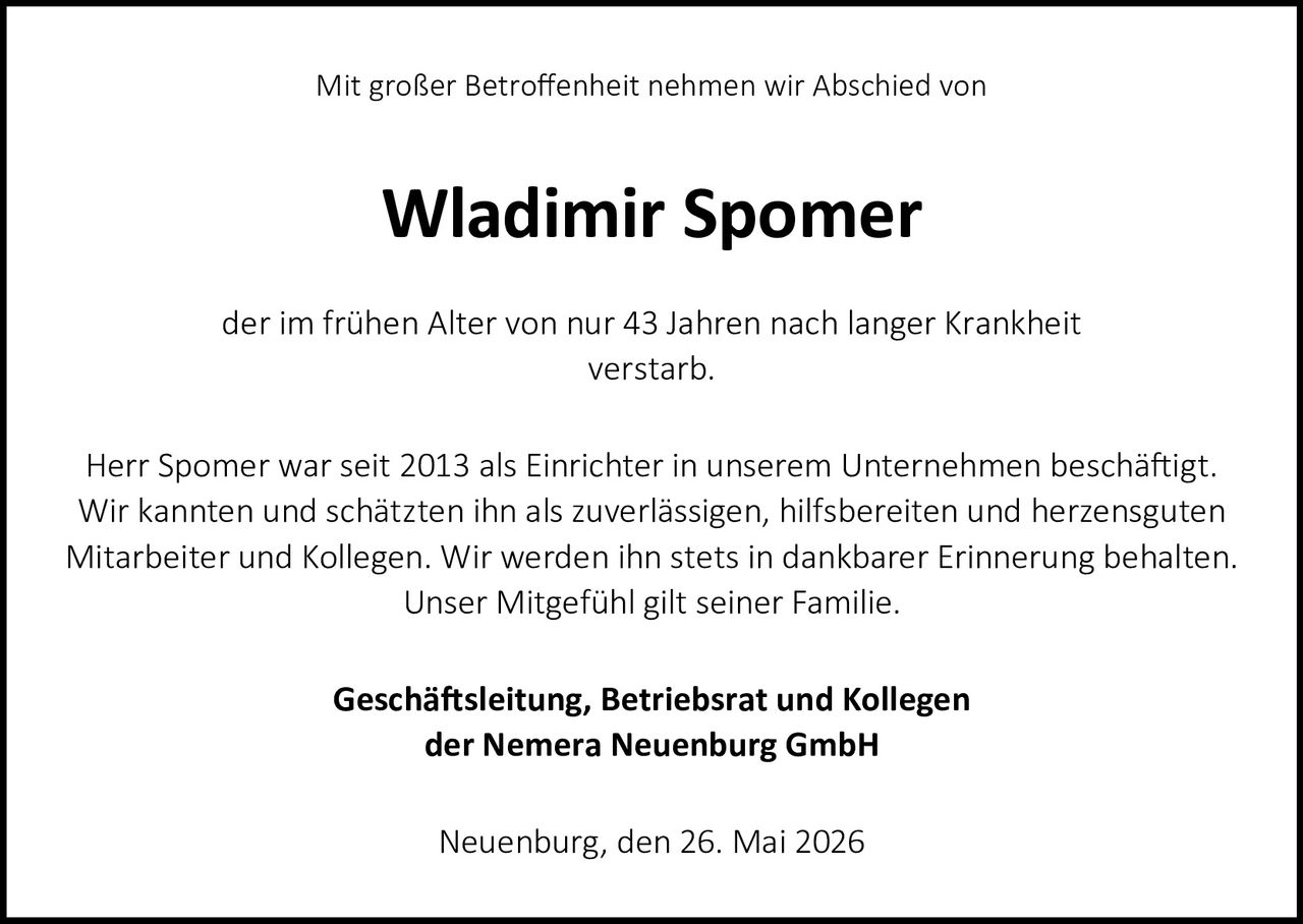 Wladimir Spomer | Traueranzeigen, Nachrufe & Danksagungen auf BZtrauer.de
