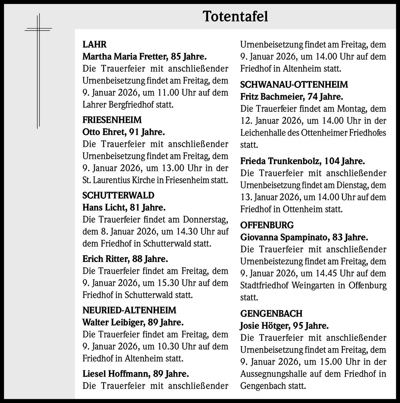 Totentafel | Traueranzeigen, Nachrufe & Danksagungen auf BZtrauer.de
