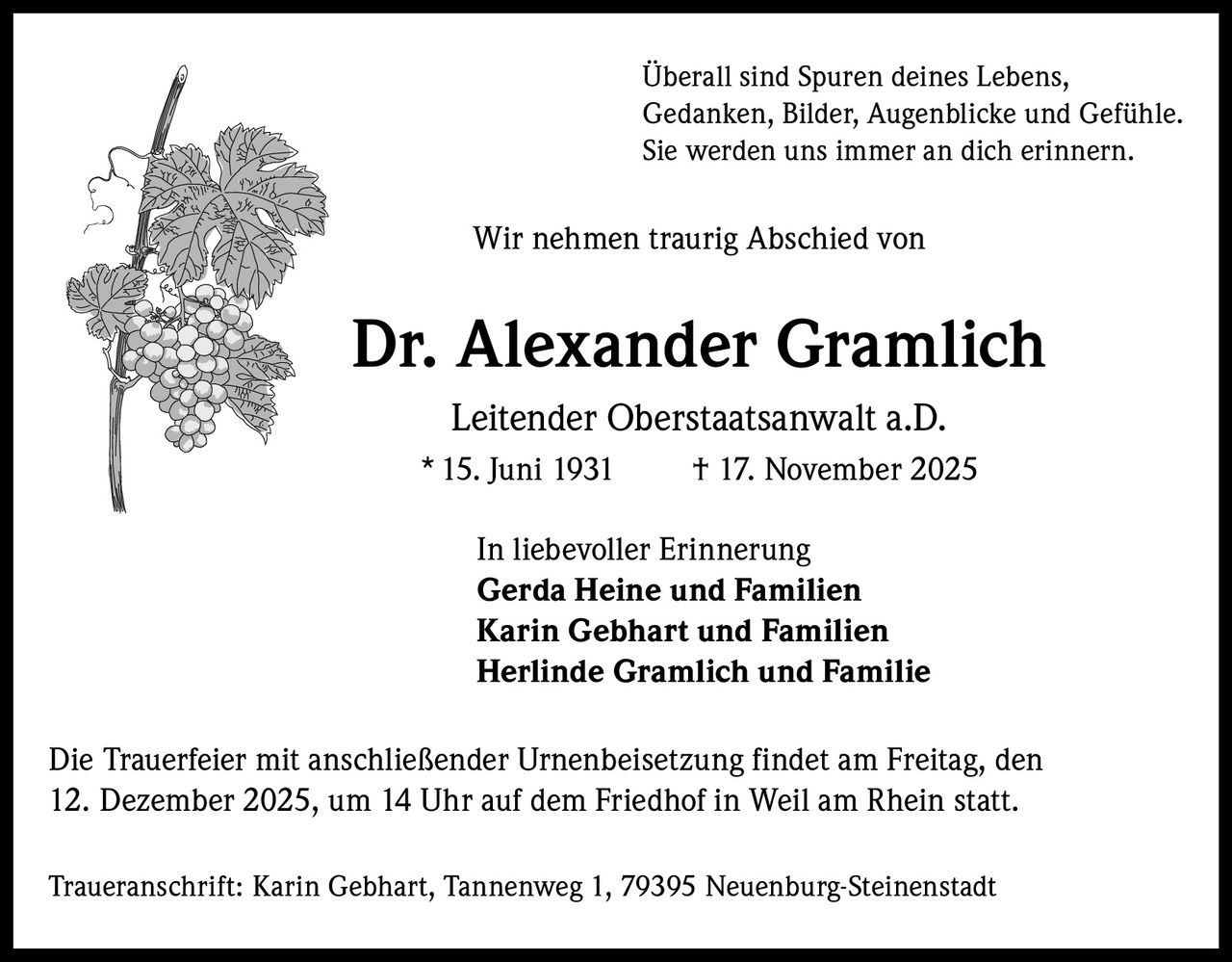 Alexander Gramlich | Traueranzeigen, Nachrufe & Danksagungen auf ...