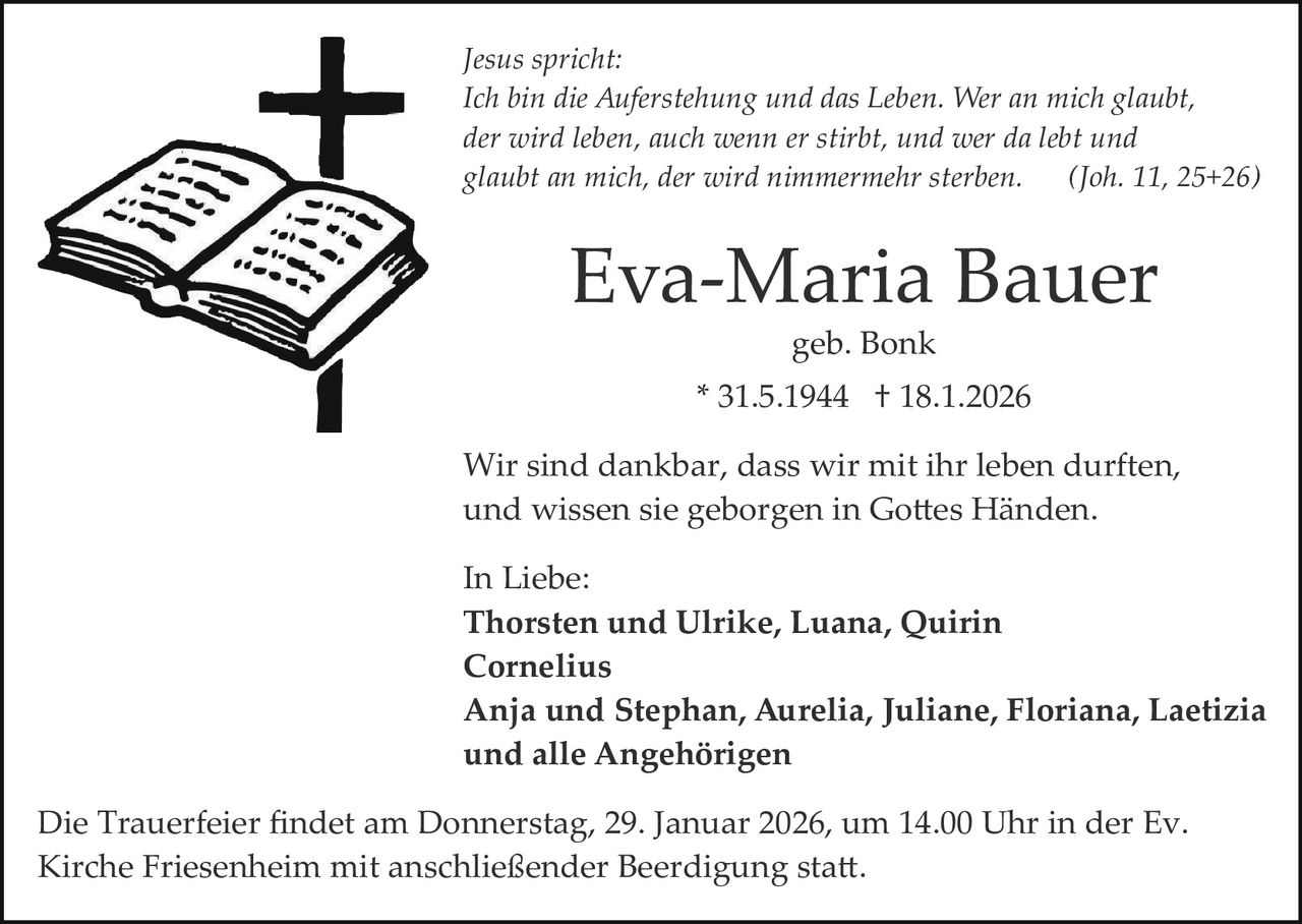 Eva-Maria Bauer | Traueranzeigen, Nachrufe & Danksagungen auf BZtrauer.de