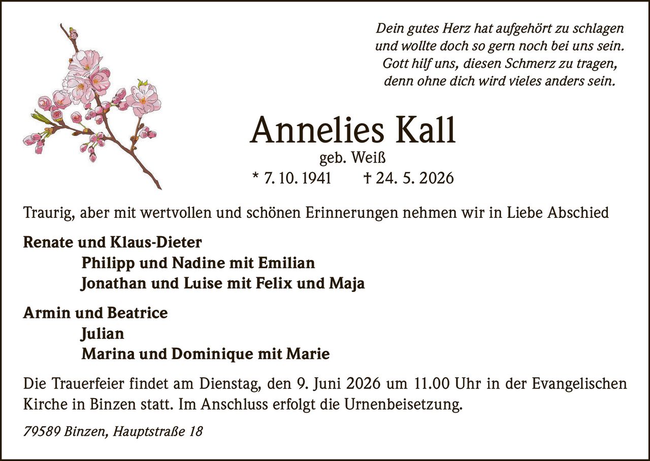 Annelies Kall | Traueranzeigen, Nachrufe & Danksagungen auf BZtrauer.de