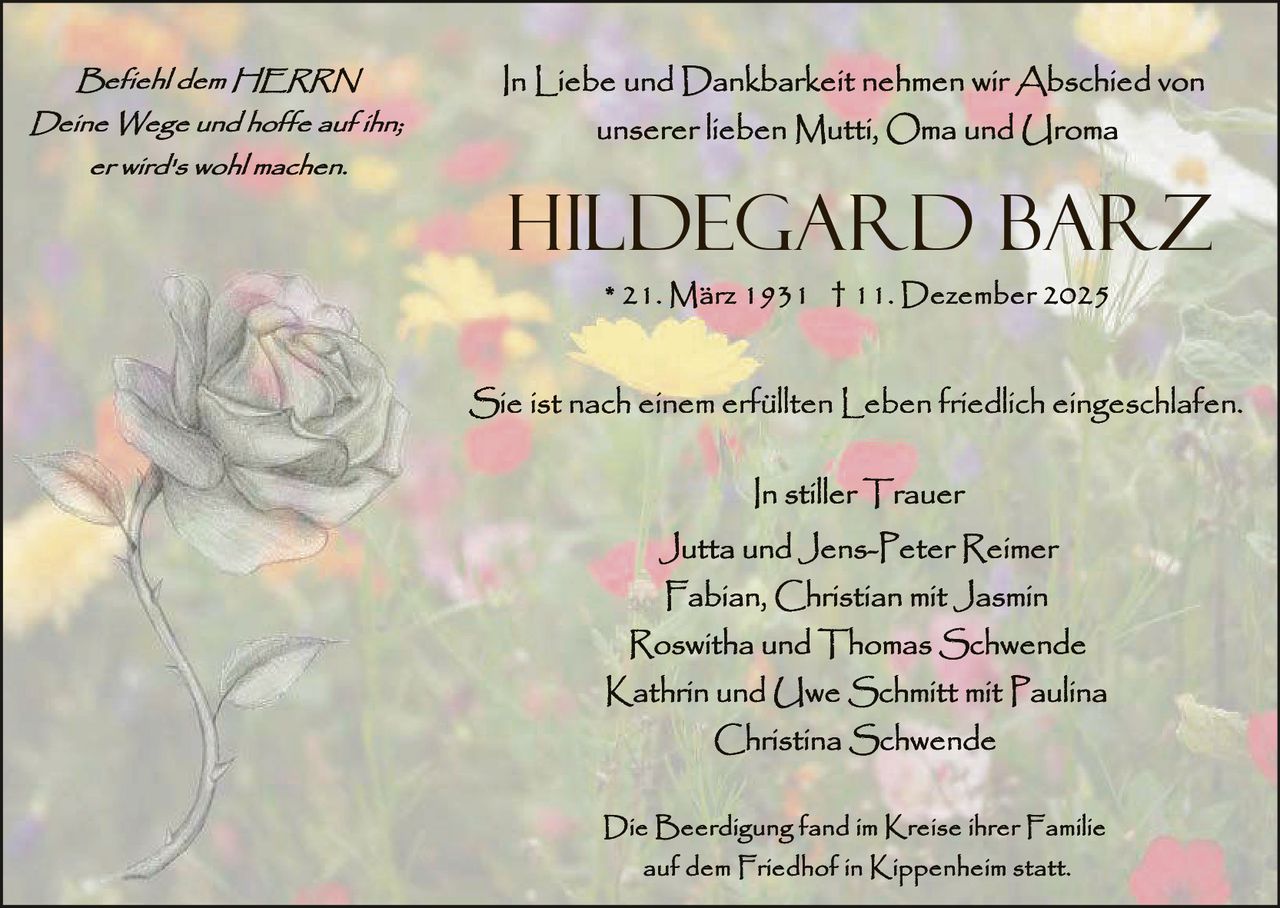 Hildegard Barz | Traueranzeigen, Nachrufe & Danksagungen auf BZtrauer.de