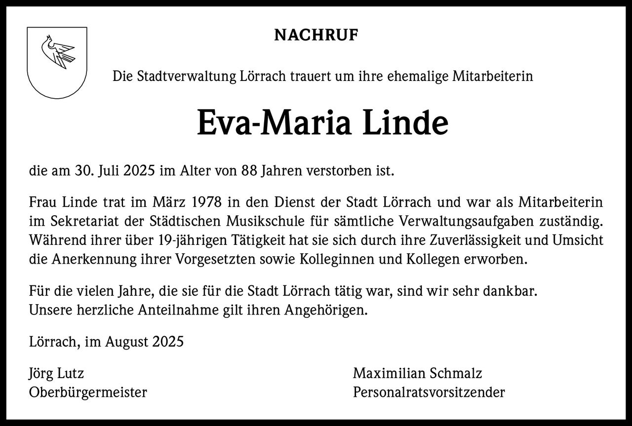 Eva-Maria Linde | Traueranzeigen, Nachrufe & Danksagungen auf BZtrauer.de