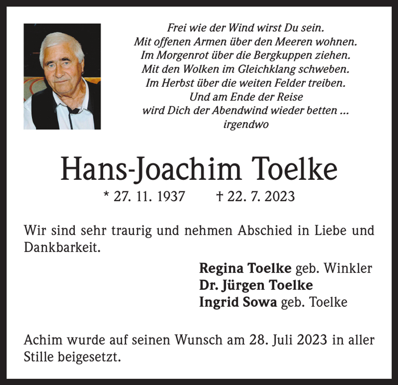 Hans-Joachim Toelke | Traueranzeigen, Nachrufe & Danksagungen auf ...
