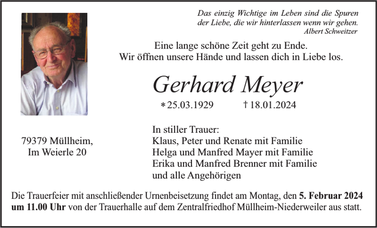 Gerhard Mayer | Traueranzeigen, Nachrufe & Danksagungen auf BZtrauer.de