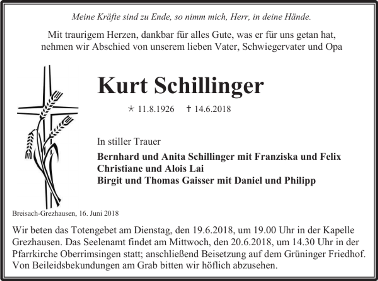 Kurt Schillinger | Traueranzeigen, Nachrufe & Danksagungen auf BZtrauer.de