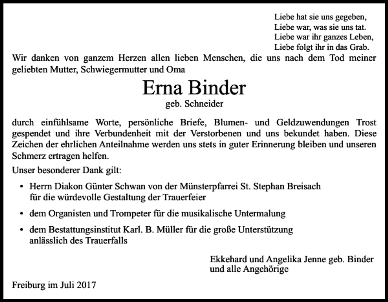 Erna Binder | Traueranzeigen, Nachrufe & Danksagungen auf BZtrauer.de